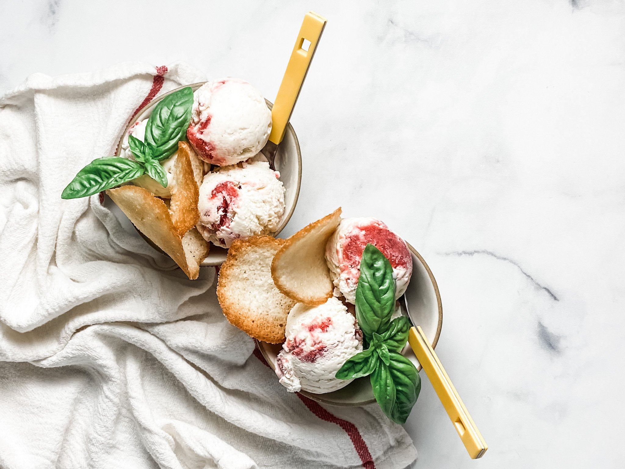 No-Churn Vanilla Basil with Strawberry Swirl Ice Cream